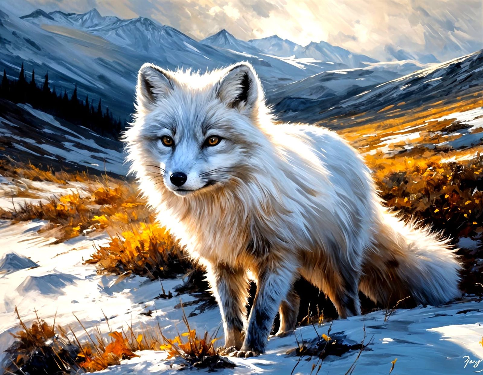Impasto painting, thick layers of paint, Arctic fox, tundra, detailed background, mid shot, by ...