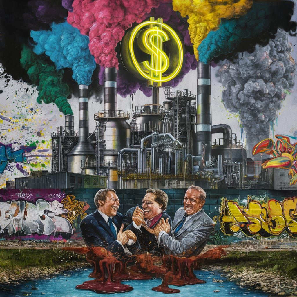 An industrial chemical factory labelled with a massive neon $ sign of ...