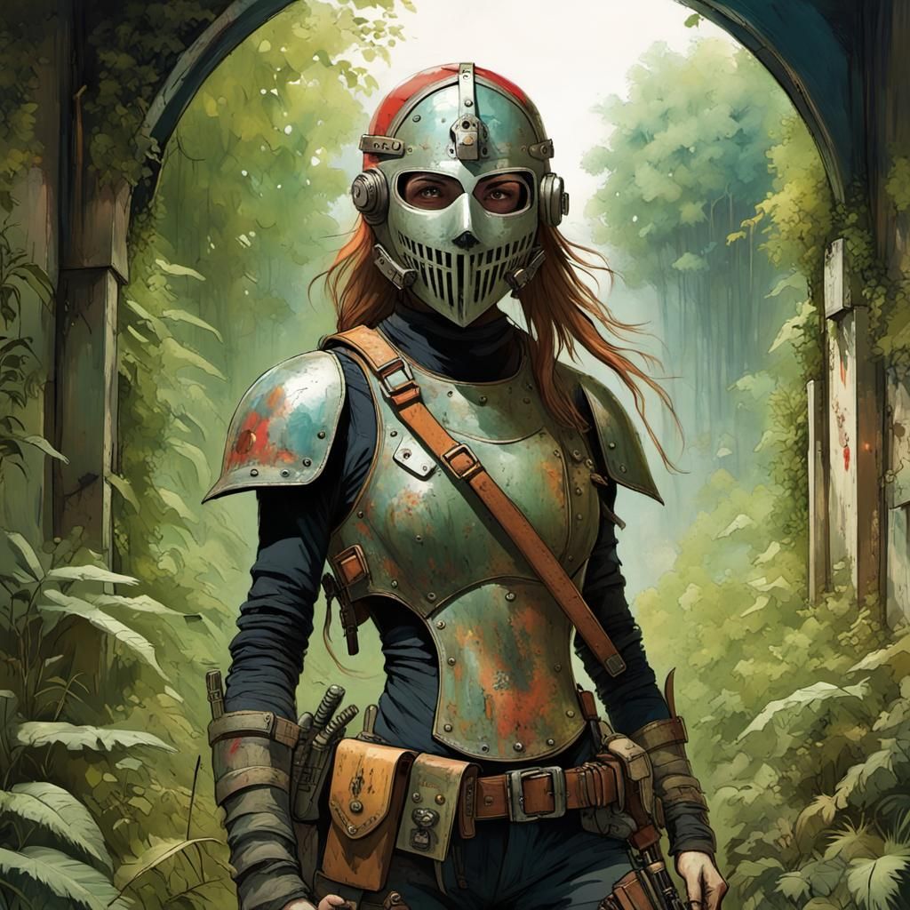 vibrant colors, female post-apogalyptic raider wearing grungy battle ...