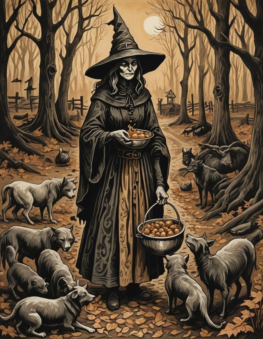 folk art woodcut horror salem witch with cauldron feeding her pet ...
