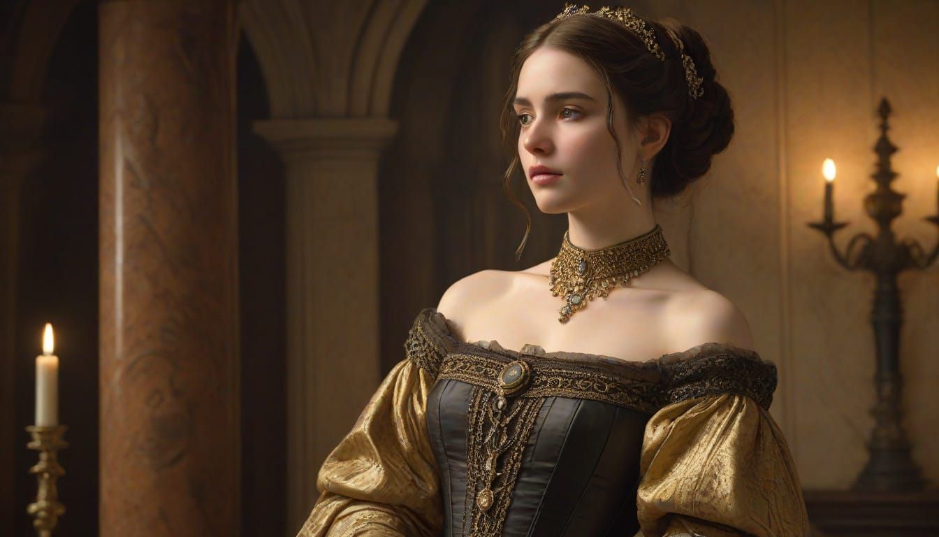 A Regal Victorian Beauty Adorned in Golden Opulenc... - AI Art
