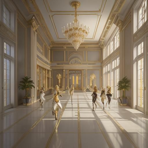 20 fancy guests running towards shiny, glass doors. walls white and ...