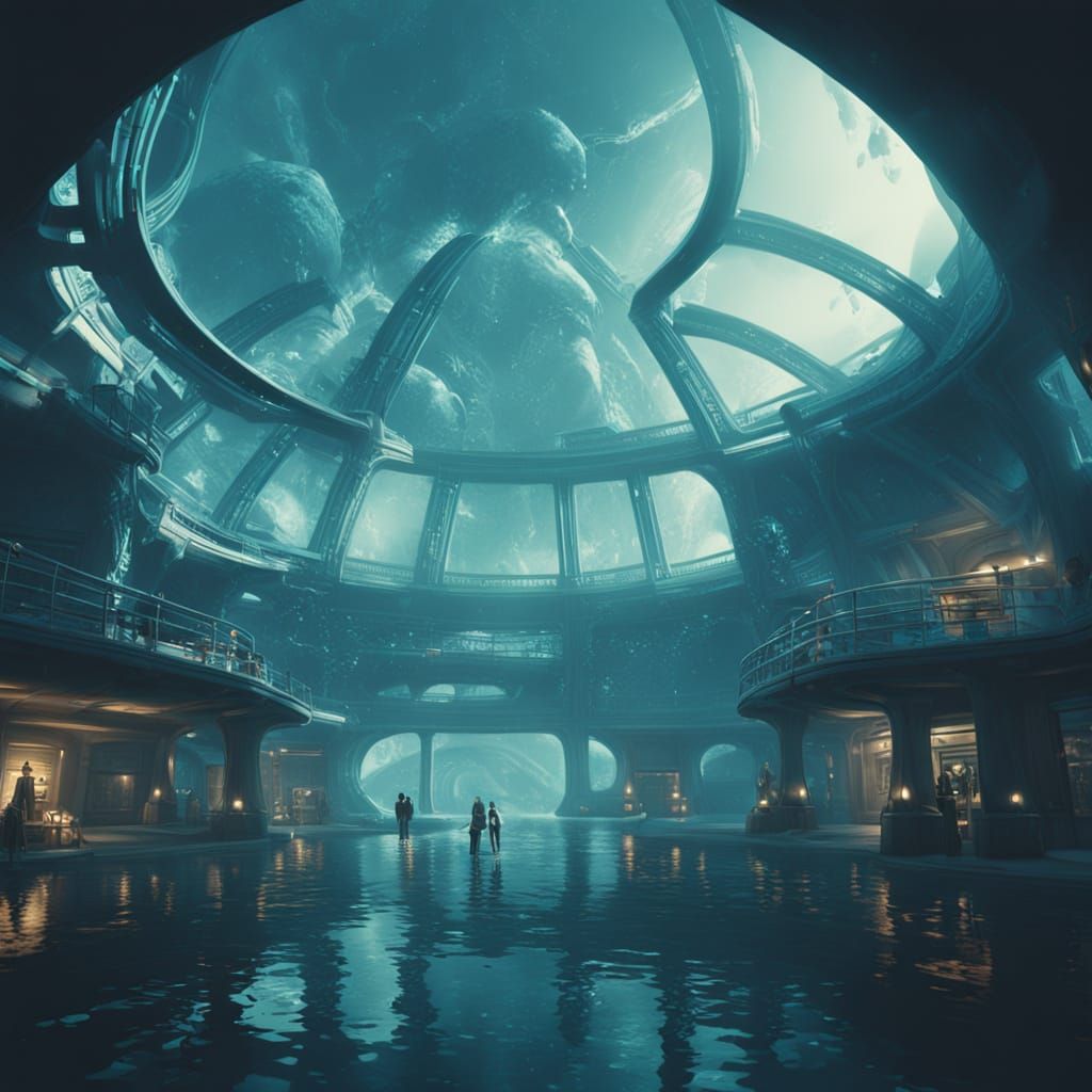 exterior view of a futuristic underwater city.