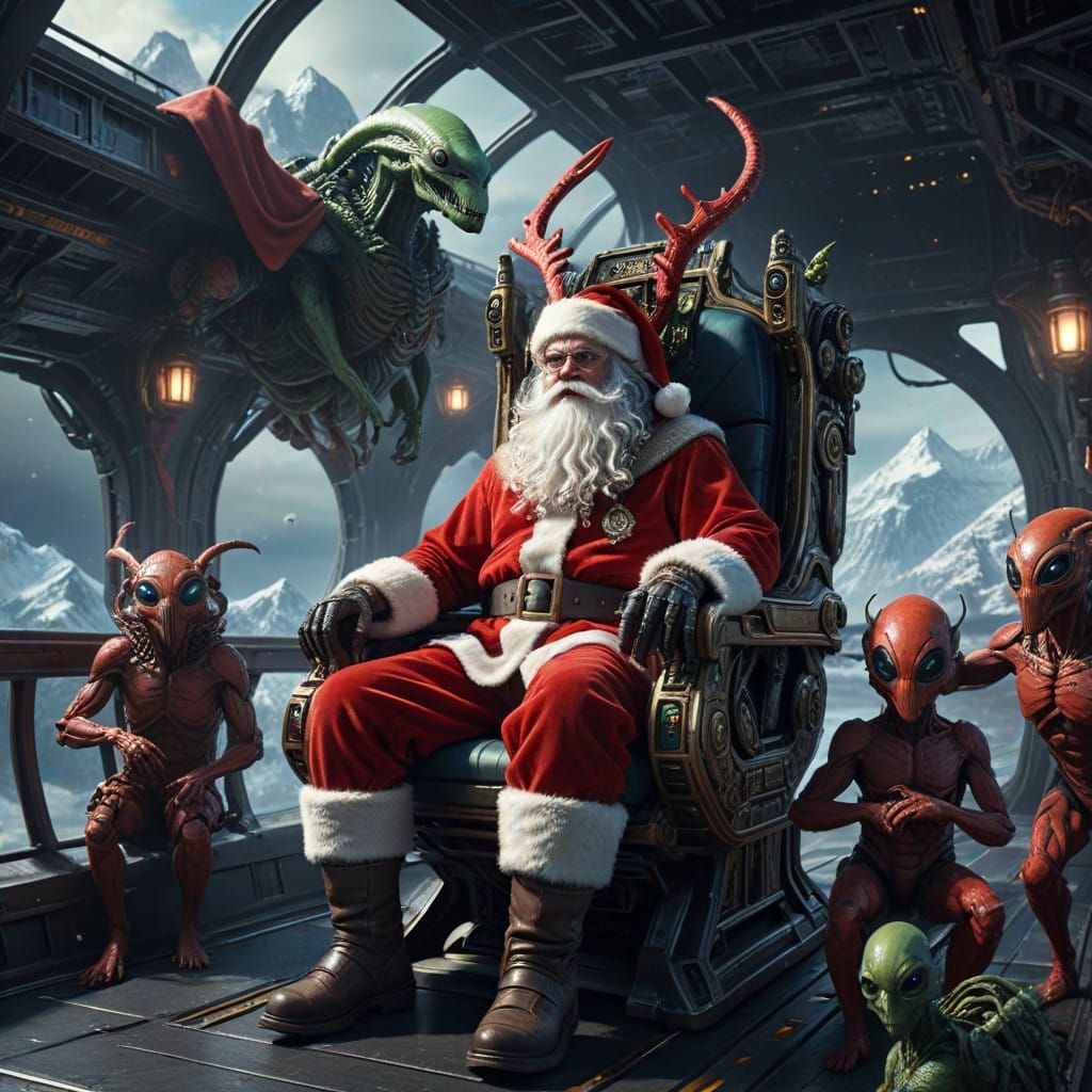 an alien with human forms and insectoid appearance dressed as Santa ...