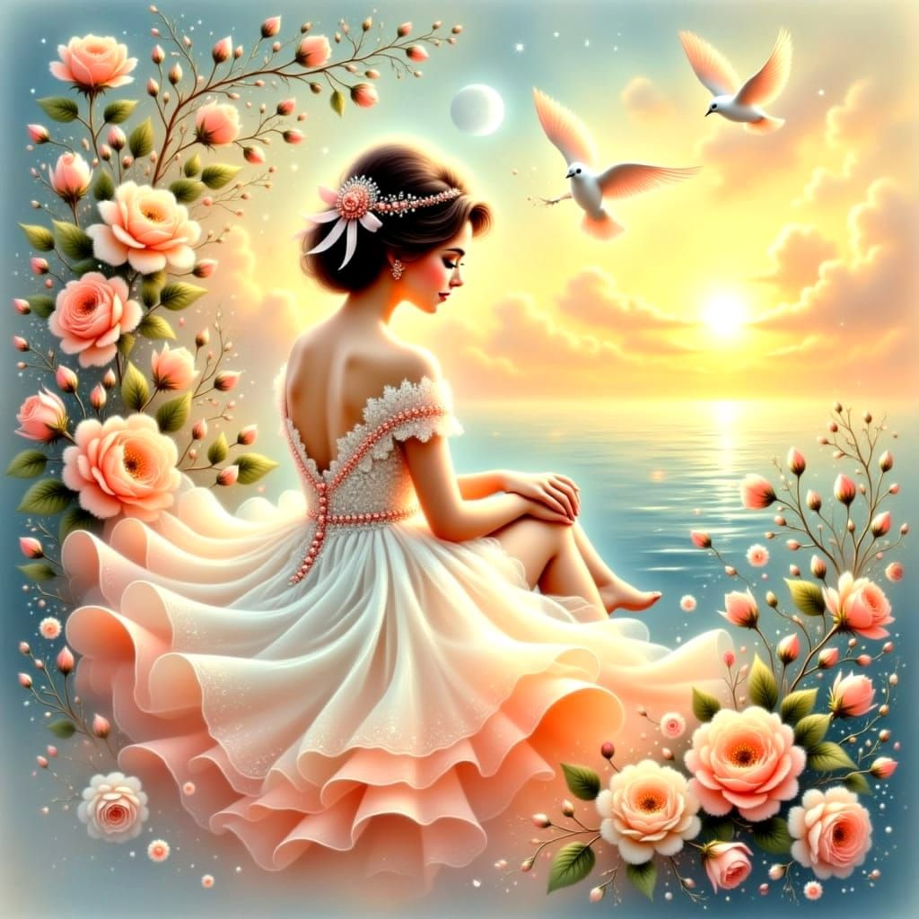 Pastel Sunset with Golden Bubbles and Ocean Splatt... - AI Art