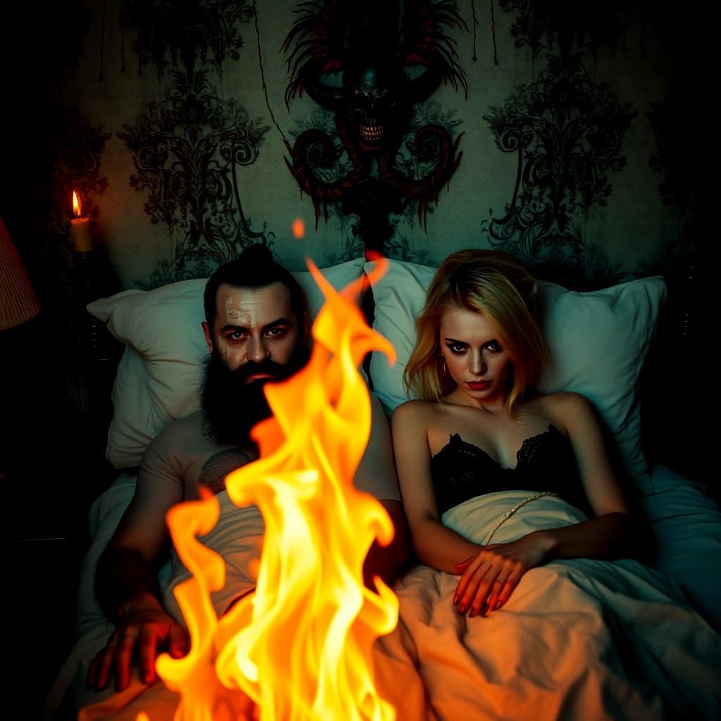 Man and woman in bed with fire - Man and woman in bed with f...