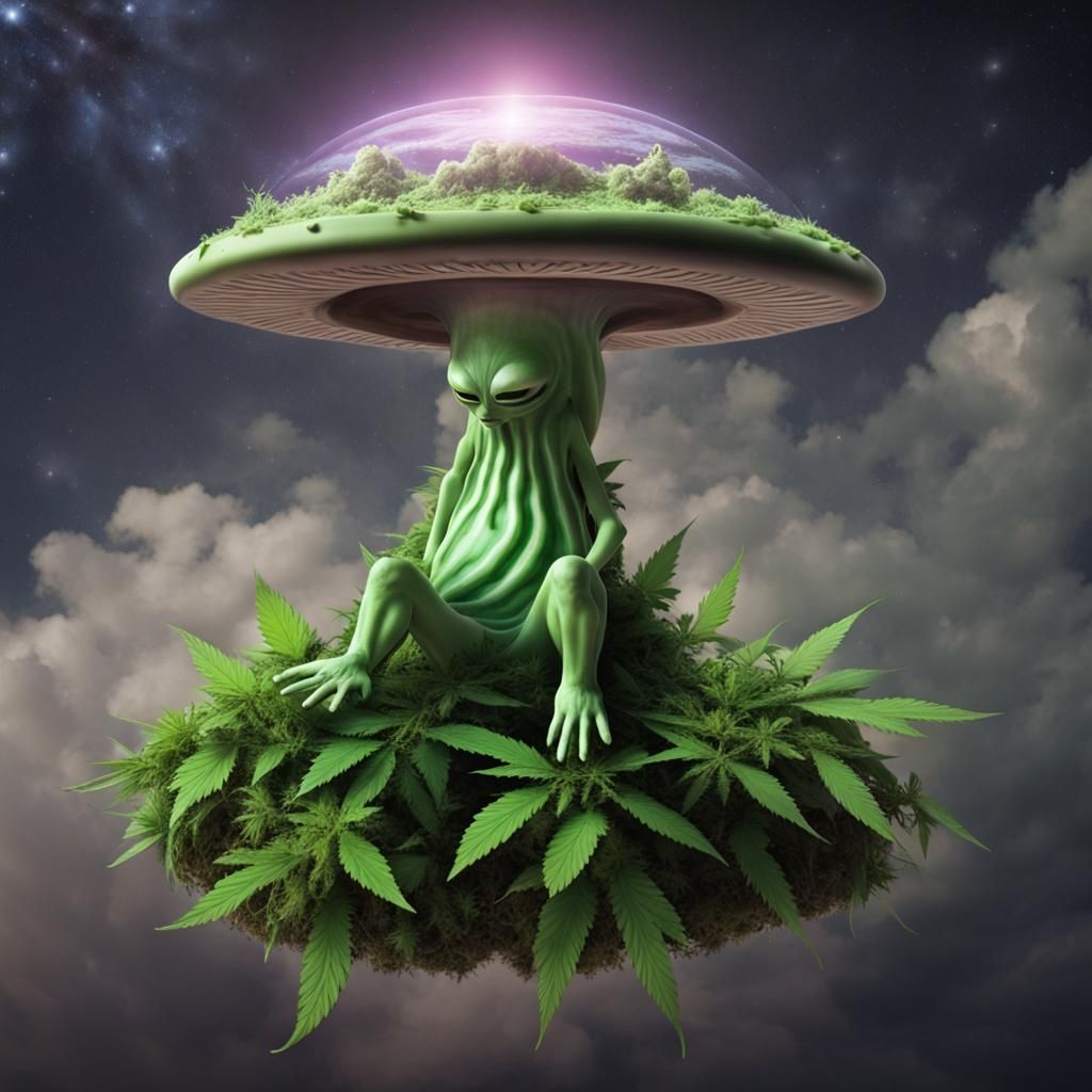Alien made of marijuana floating on a mushroom ufo - AI Generated Artwork - NightCafe Creator