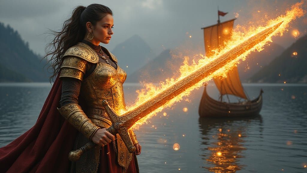 A Valkyrie in Golden Armor Wields a Flaming Sword