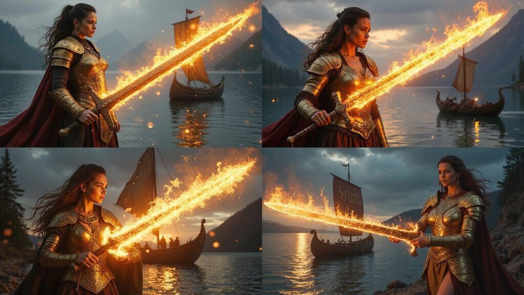 A Valkyrie in Gold Armor Wields a Flaming Sword