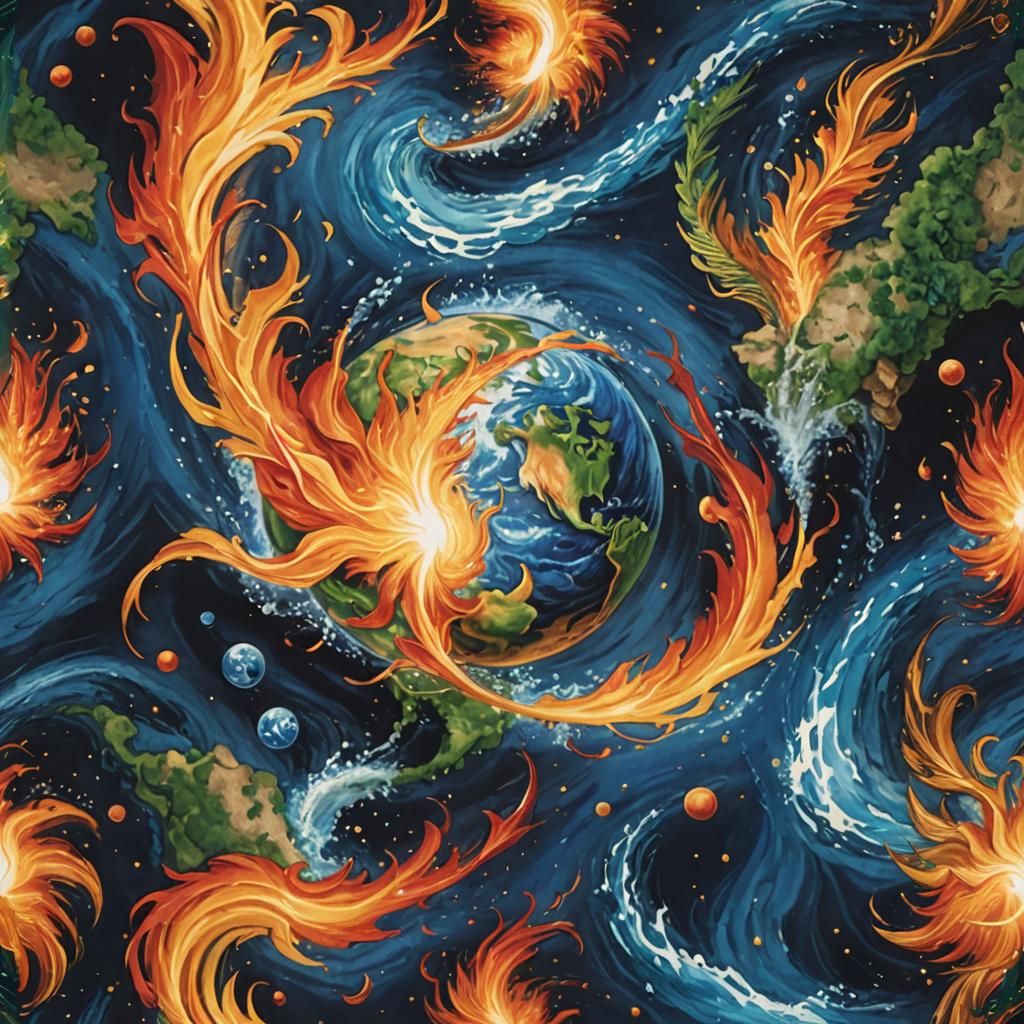 Earth, wind, fire, water - Elements Unite in Vibrant, Cyber...