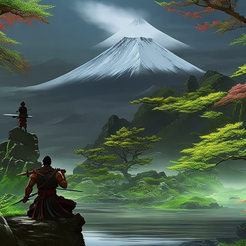 An older Samurai sitting on a rocky ledge,staring at iconic Mount Fuji ...