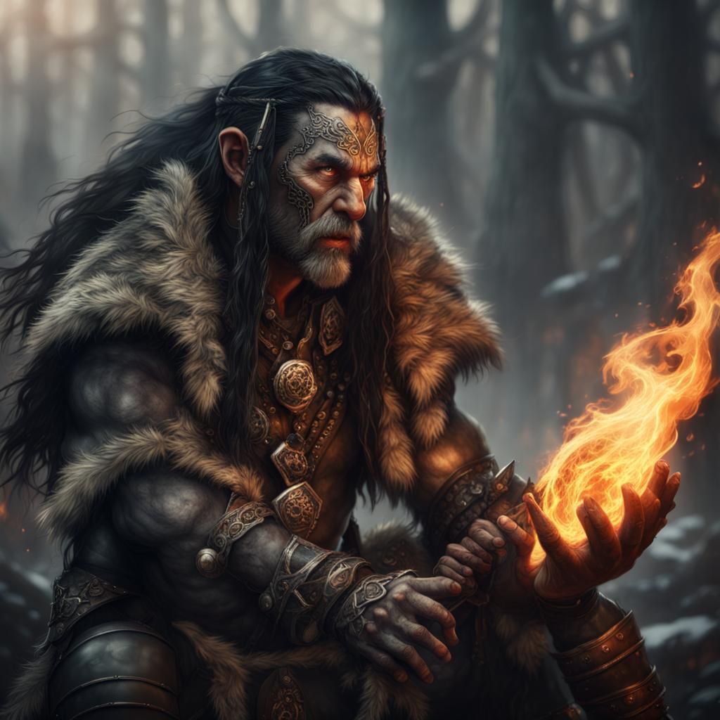 Orc shaman, long black braided hair, short beard, wearing leather armor ...