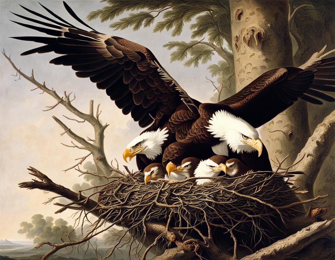 A painting of a bald eagle mother feeding her two eaglets, by John ...