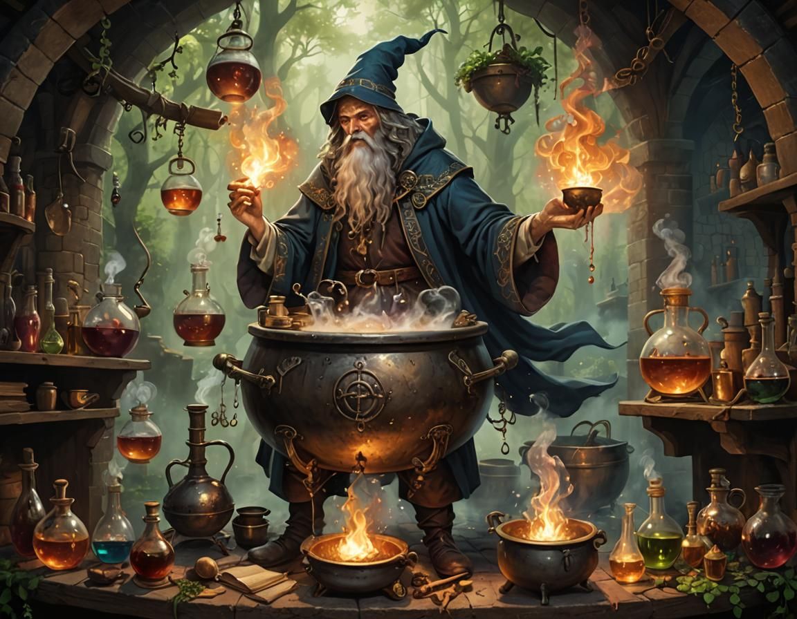 Wizard Merlin uses the Alchemy of Elevation to the Glass Jars - AI ...