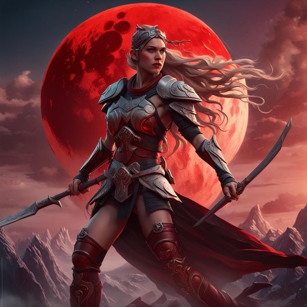 A stunning scene of Valkyrie women fighter.Fighting in a red moon a ...