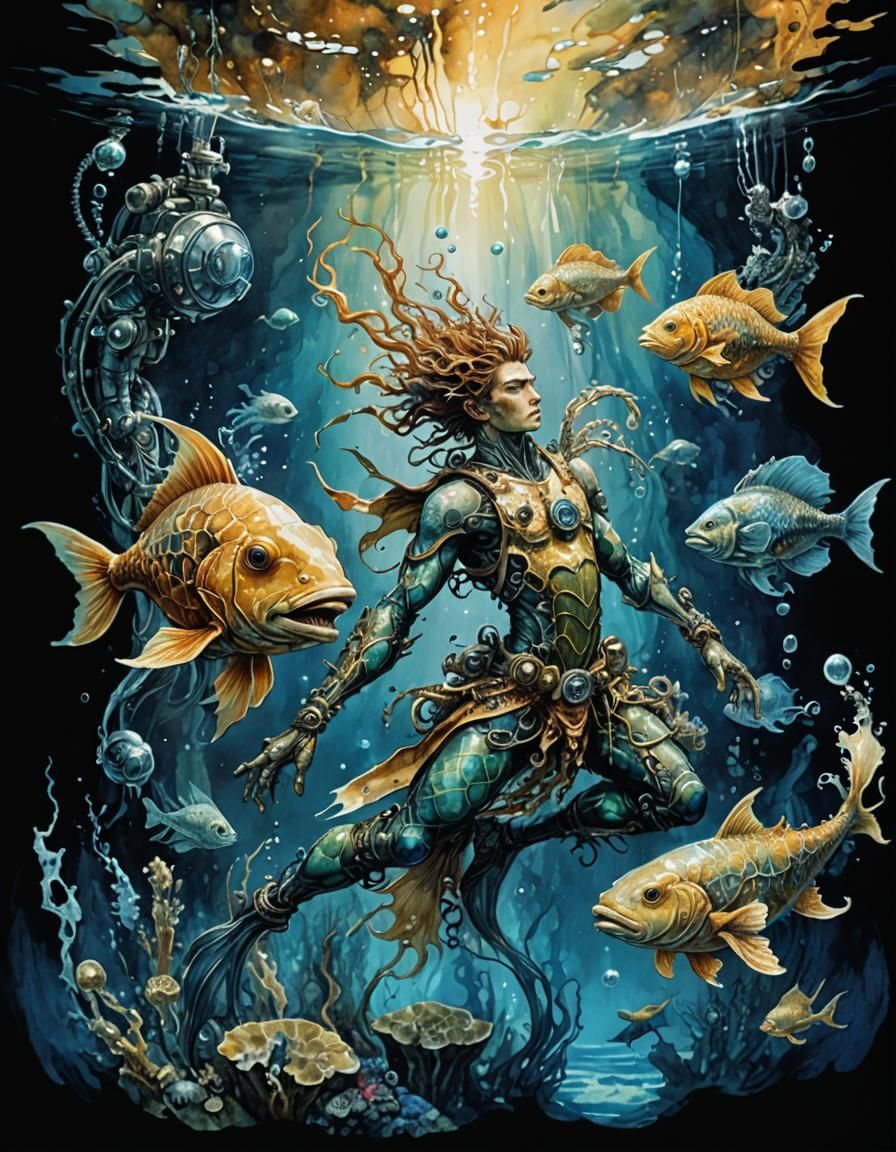 merfolk, humanoid underwater creature, hyper detailed epic watercolor ...