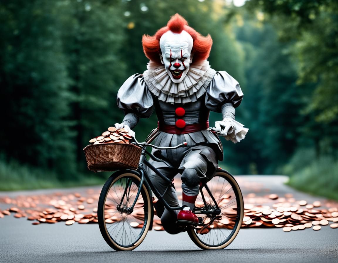 Pennywise riding on a Penny_Fathing bike, carrying a bag of pennies ...