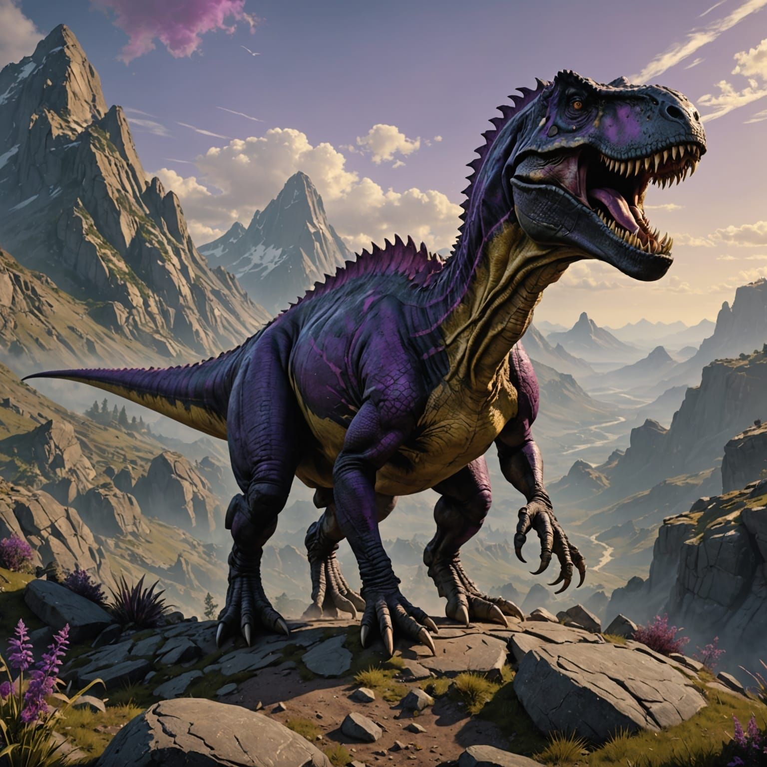 A T-rex eating a teradactyl on a rocky hill side