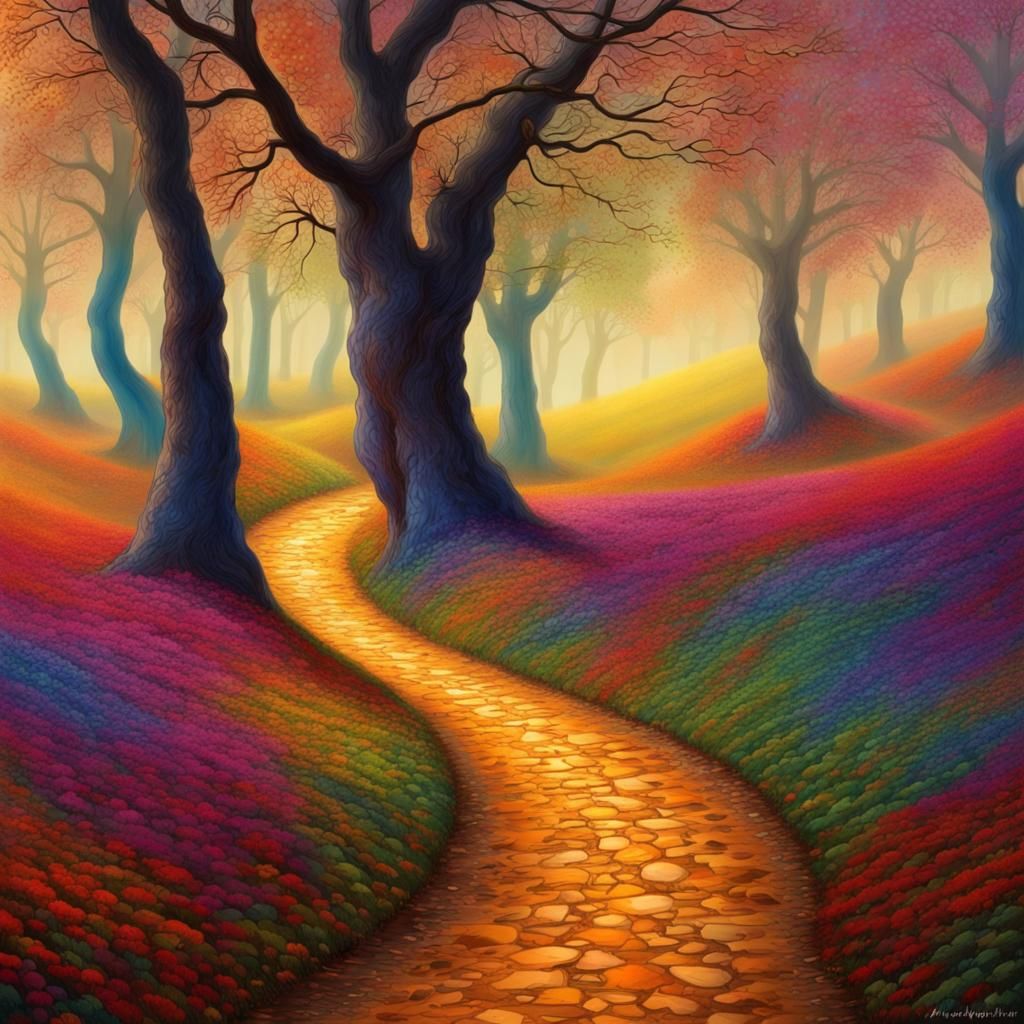 Un chemin sinueux serpentant à travers un paysage fantastique et ...