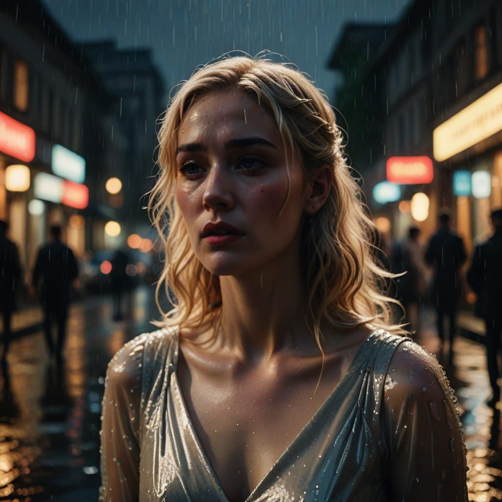 Girl in Prom Dress Cries in Rainy Night - AI Art