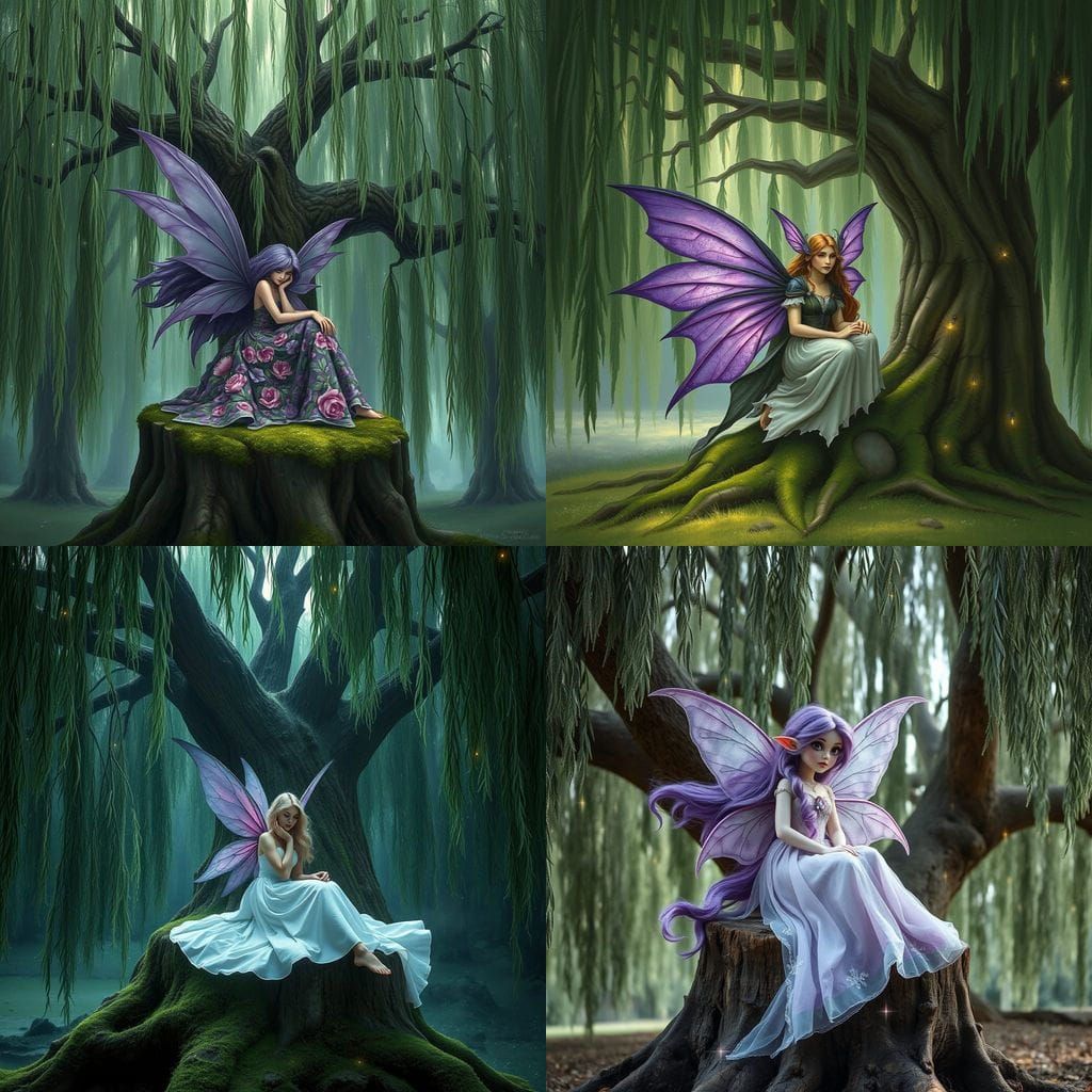 Fairy with Purple Wings Under Weeping Willow - AI Art