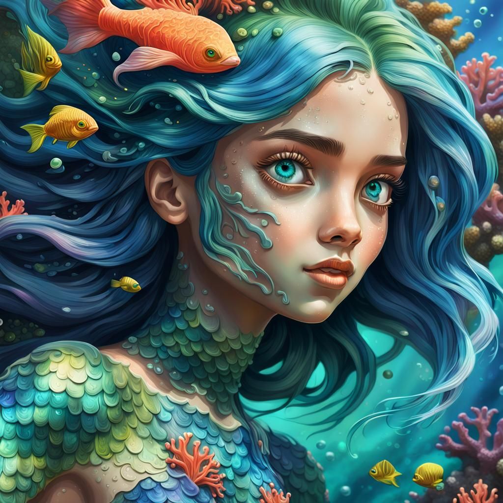 Closeup, Mermaid diving to a colorful coral riff, whimsically detailed ...
