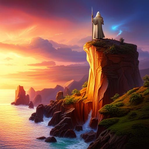 Gandalf the Wizard on a multicolored cliff enjoying a vibrant sunset ...
