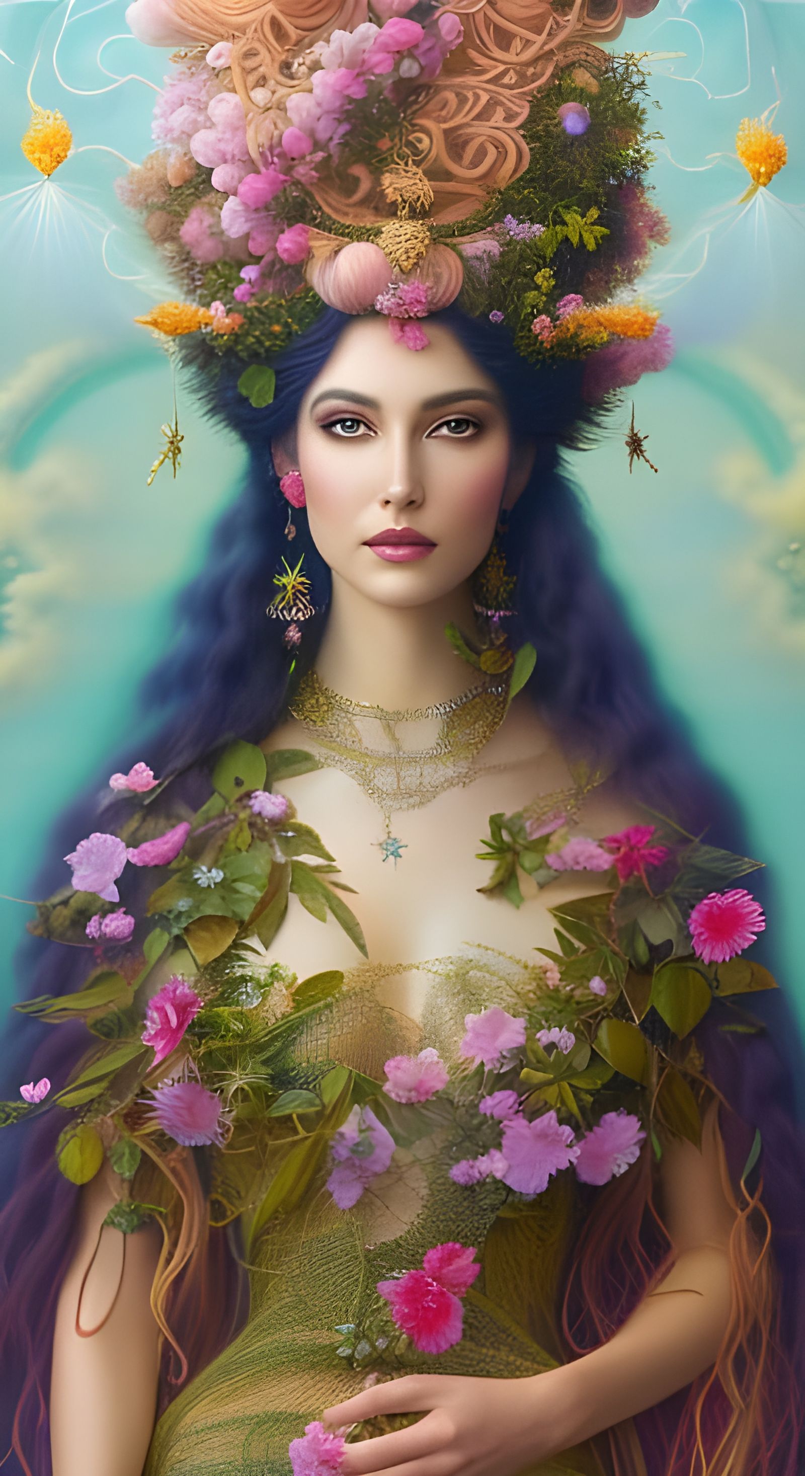 Portrait Of a Hippie queen surrounded by Plants And Flowers art by Troy ...