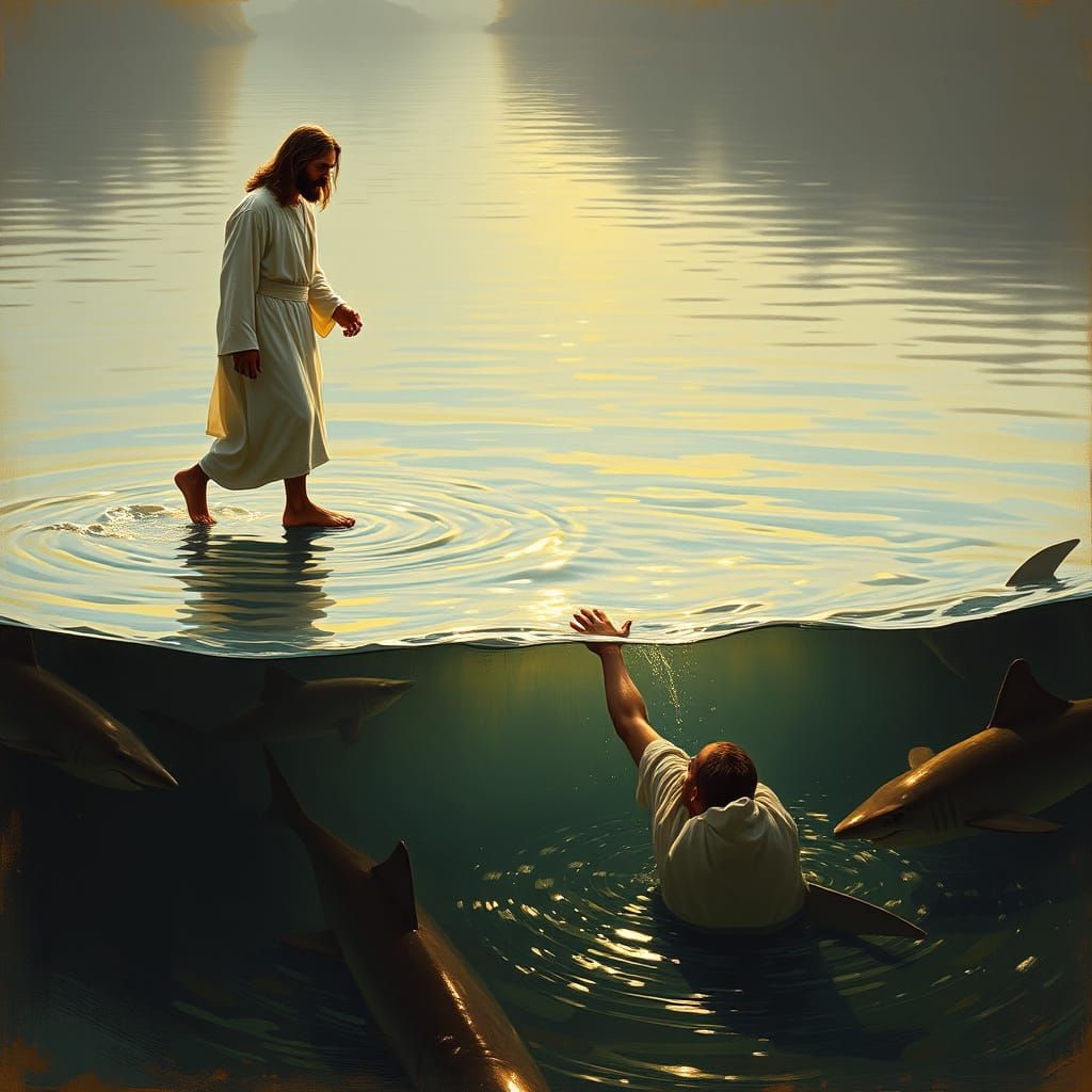 Jesus walking on water reaching under the water to help Peter come back ...