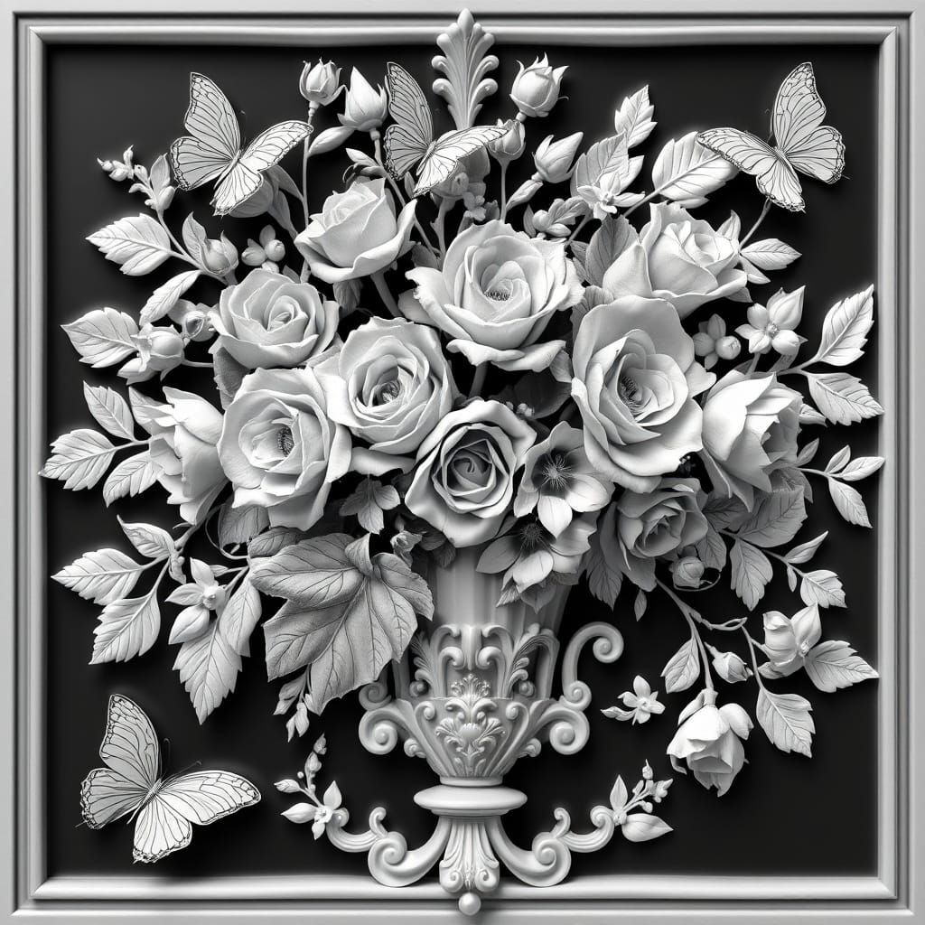 handmade plaster carving depicting a Baroque-style floral bouquet