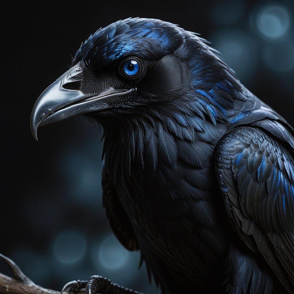 Gothic Raven with Blue Eyes and Silver Talons - AI Art