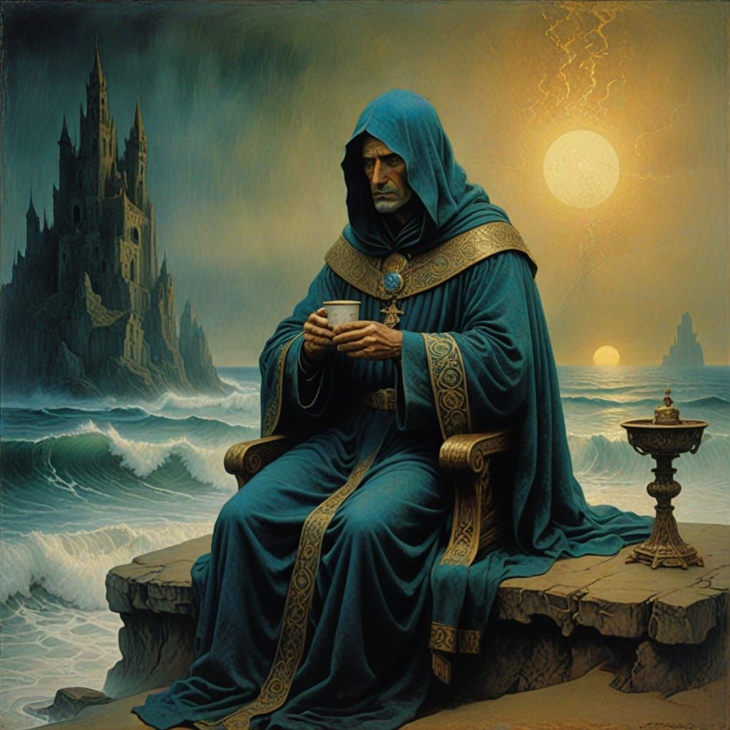 A regal figure in ornate, flowing robes with a cloak draped over his ...