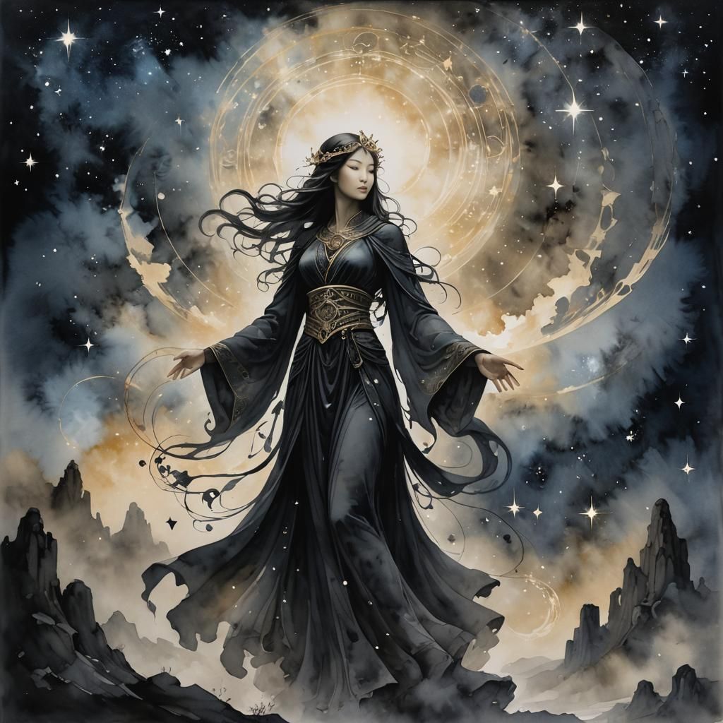 Ink wash painting of a female figure embodying magic and mystery ...