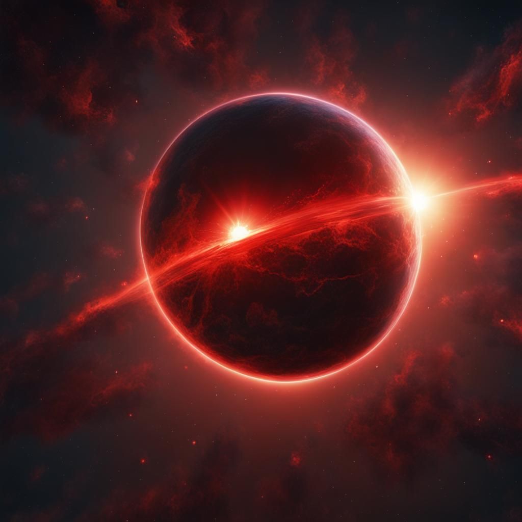 An oil painting of small red sun in the distance of deep space, with ...