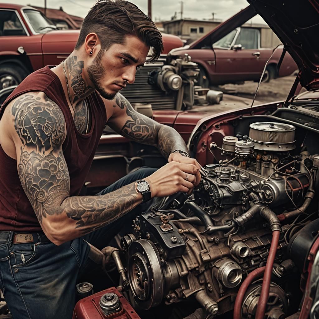 25 year old male with short choppy dark brown hair and tattoos working ...