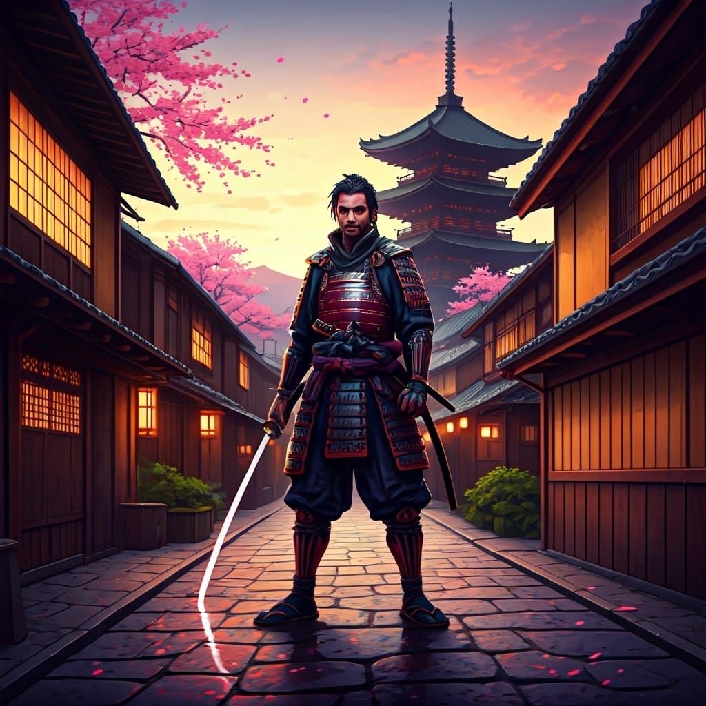 Surreal Samurai in Traditional Japanese Village at... - AI Art