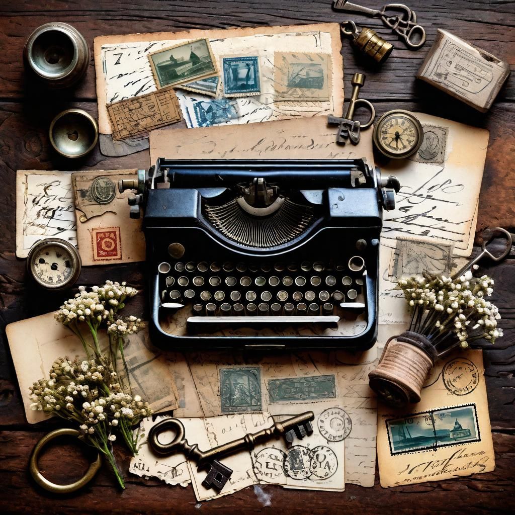 Collage-style composition of a vintage postcard surrounded by antique ...