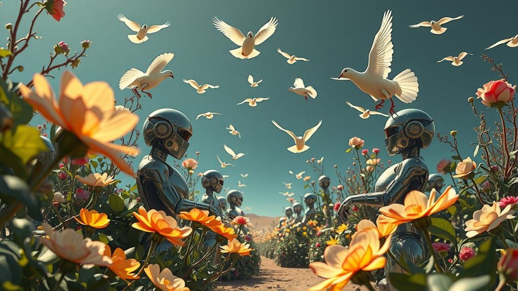 Futuristic Garden Blooms with Mecha Flowers and Hu... - AI Art