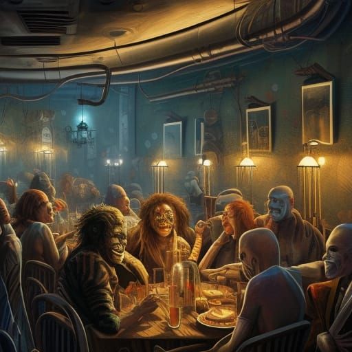 Dystopian clowns at a fancy restaurant hyperrealism surrealism dynamic ...