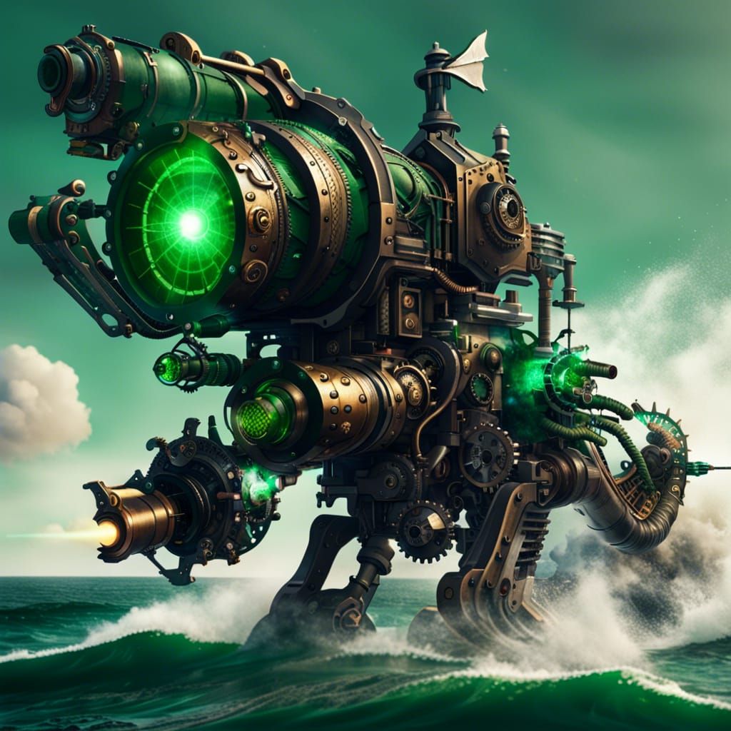 flying mech with a dark green laser canon for an arm shooting at a sea ...
