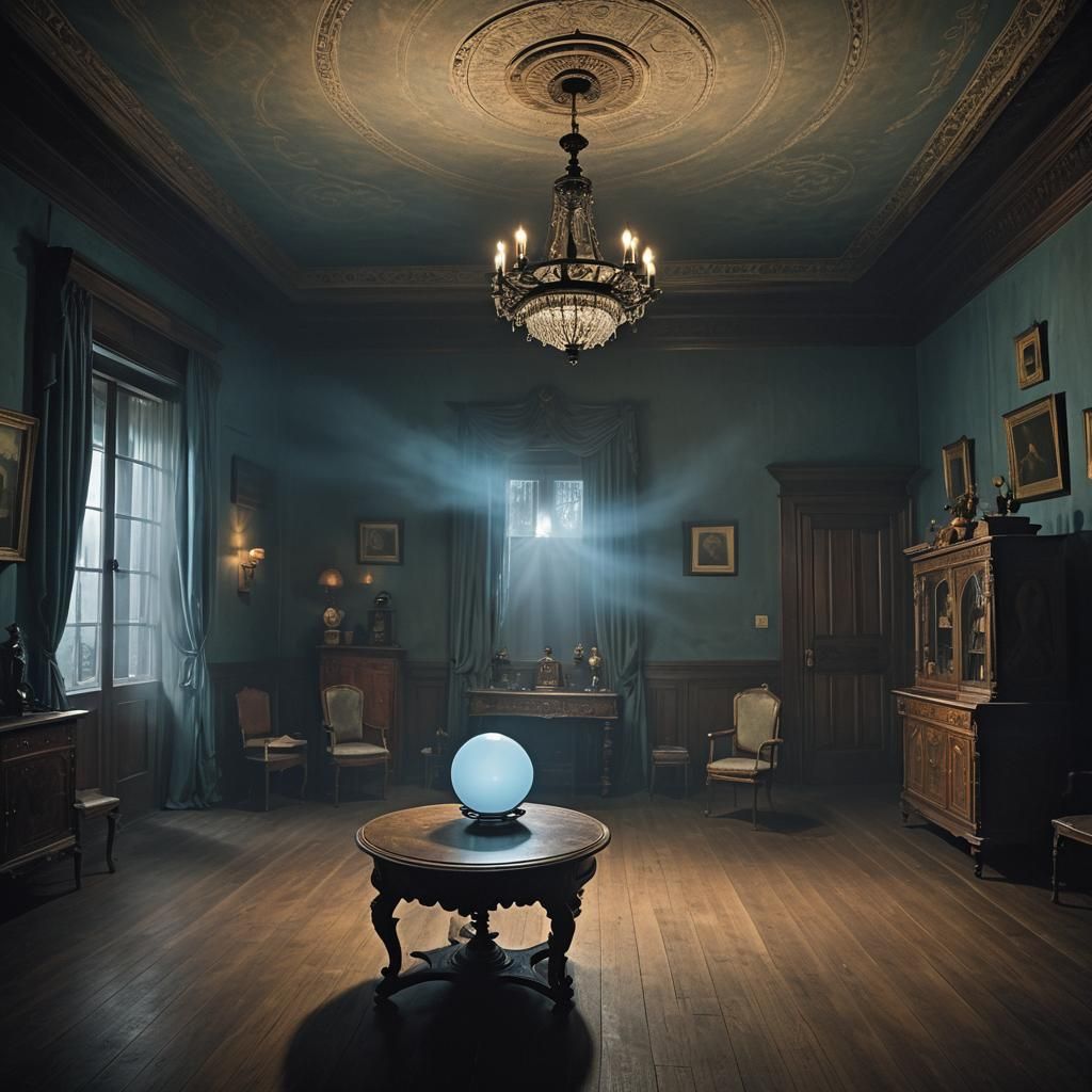 A dimly lit room shrouded in darkness, with only a single flickering ...