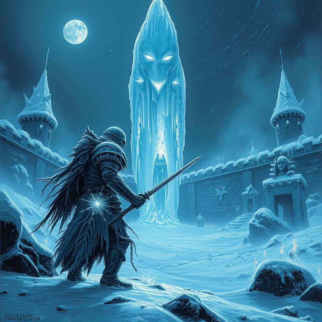 Gothic Retro Castle Scene with Snow Golem Battle - AI Art