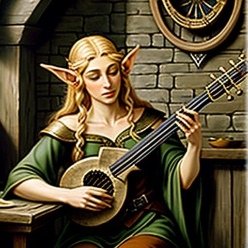 Half-Elf Bard in Tavern Impression in Thick, Textu... - AI Art
