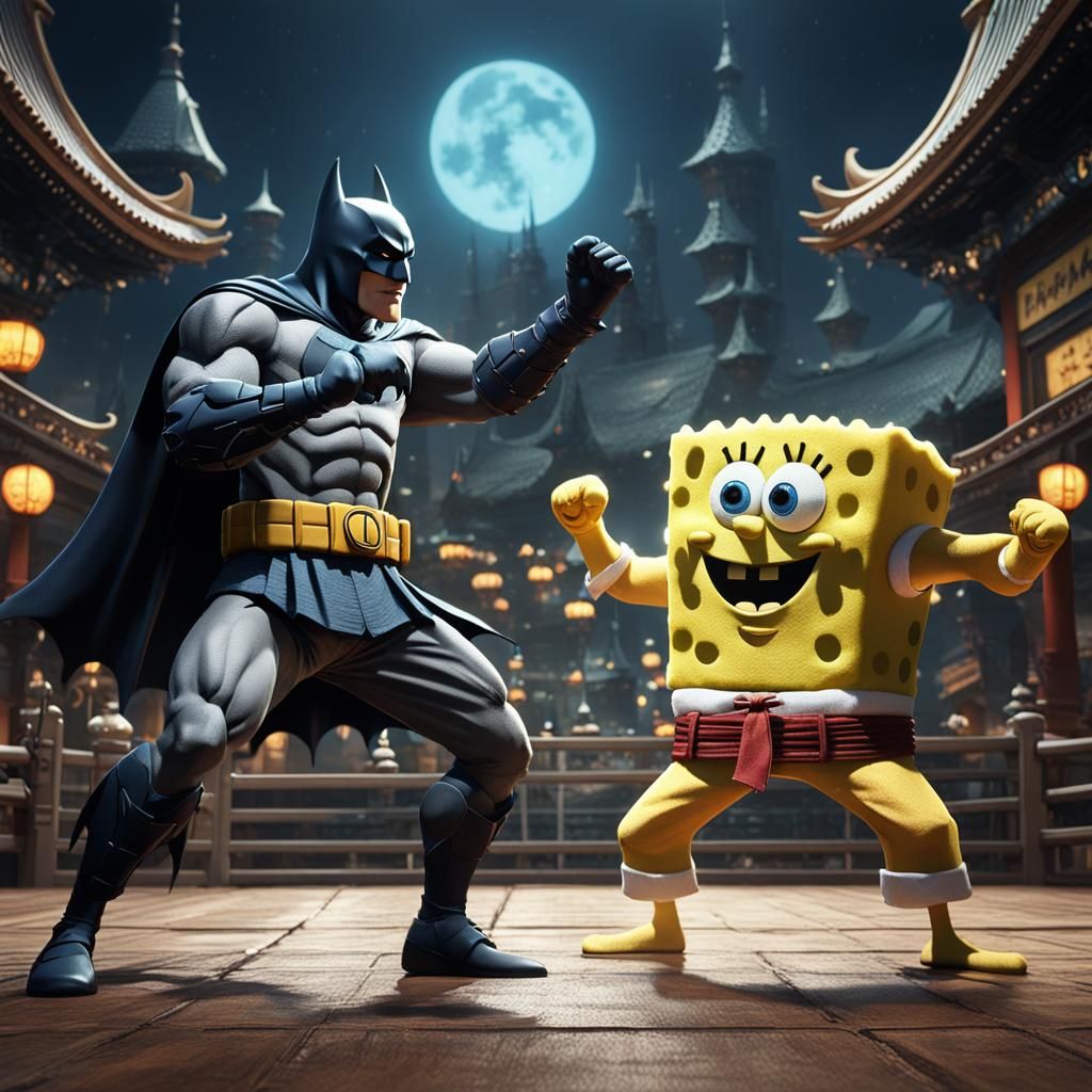 Draw a picture of Batman and Spongebob in a karate match. Make them ...