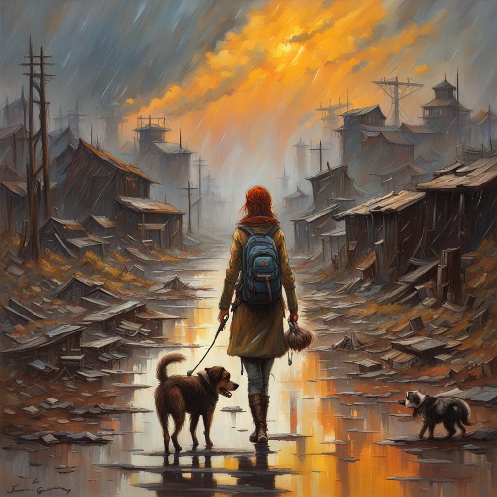 Girl and her dog walking through a cinematic post apocalypse c fantasy ...