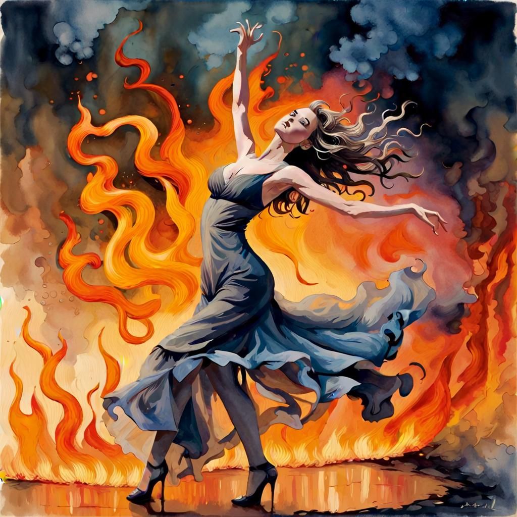 Dancing sinuously in a blowing dress on flames in smoke : Beautiful ...