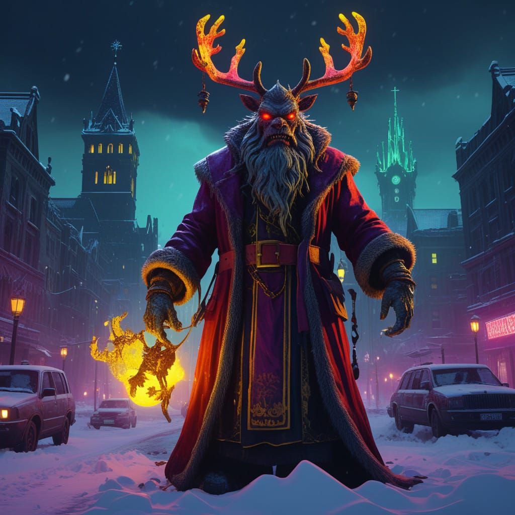Dark Fantasy Santa Riding Fire-Breathing Reindeer-... - AI Art