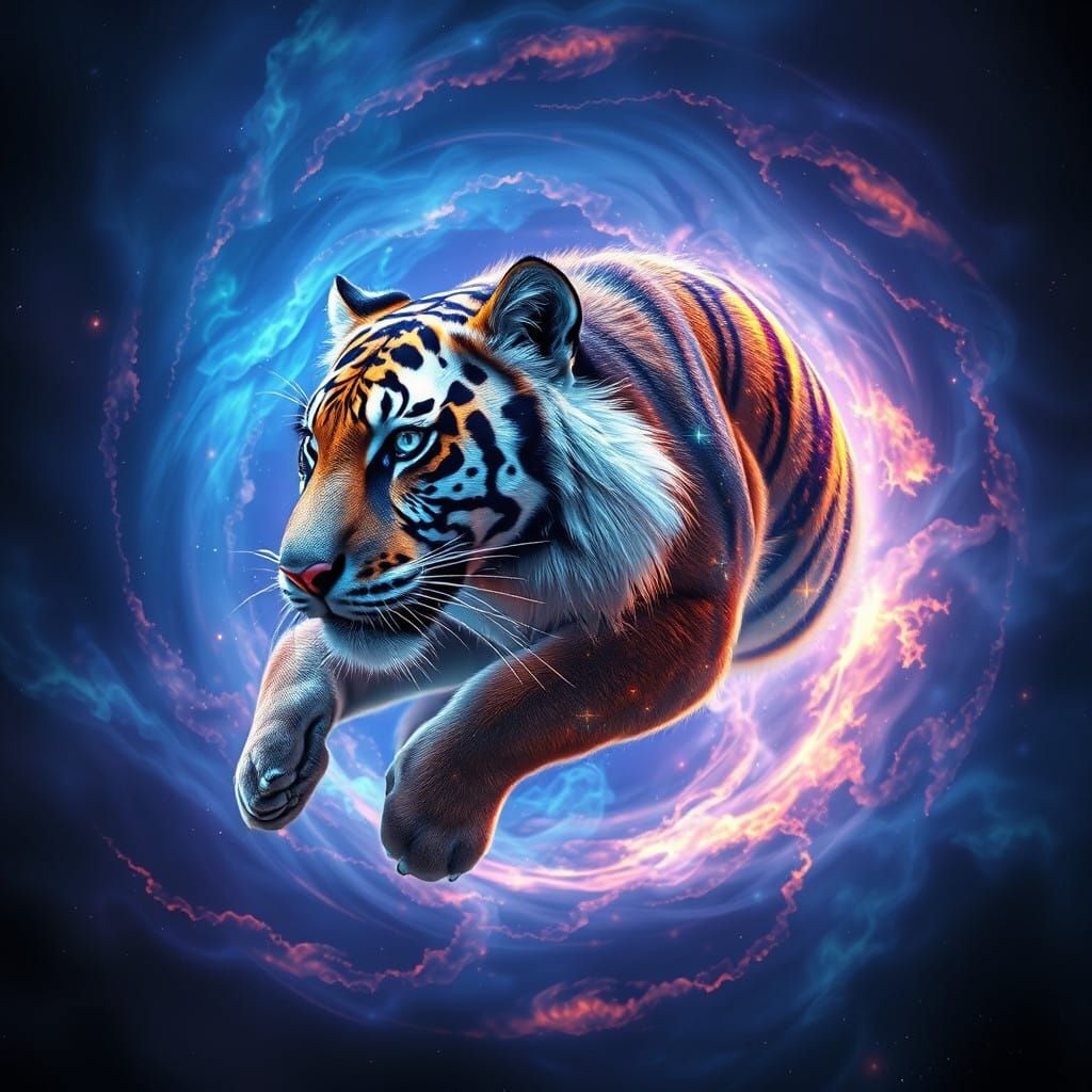 Celestial tiger in space - Surreal Cosmic Tiger in Dreamlike...