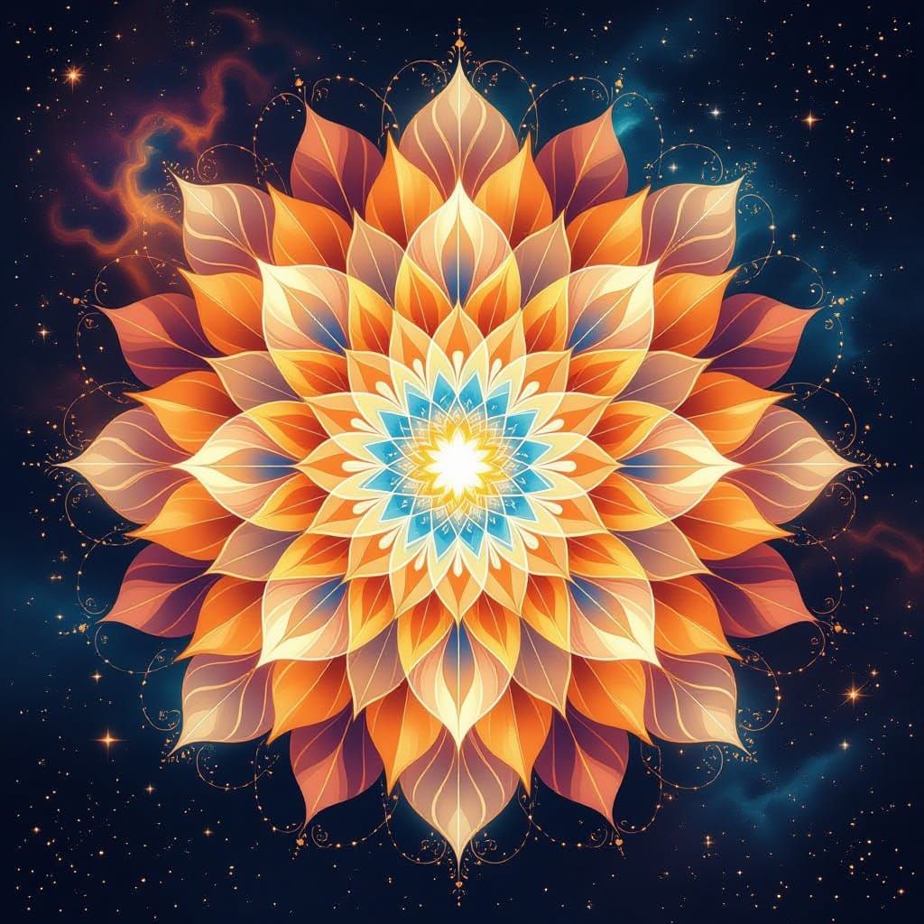 a high-resolution digital artwork of a radiant, symmetrical mandala ...