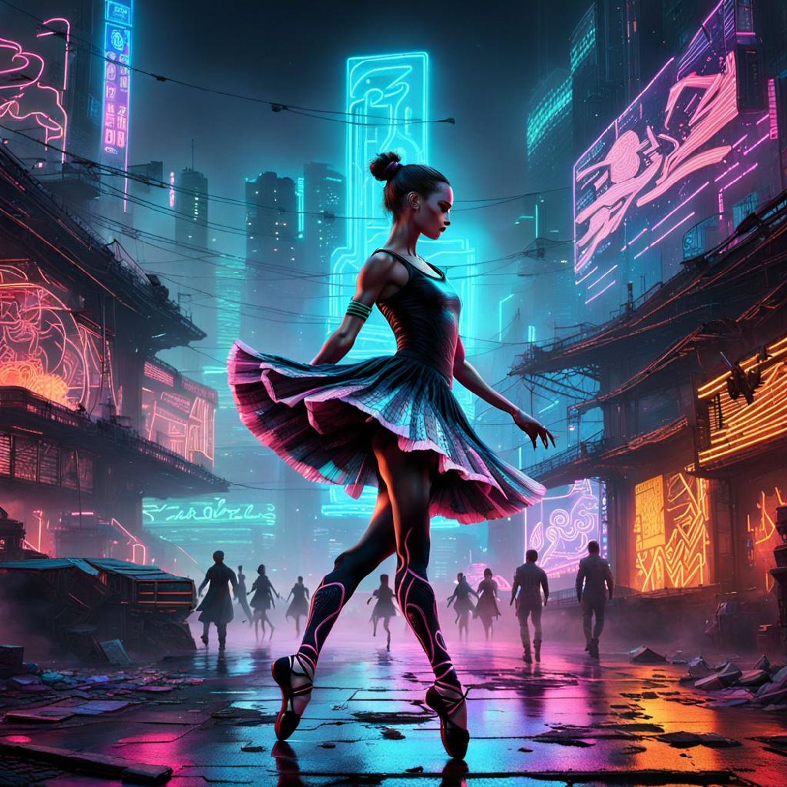 A ballerina dancing, a smokey world,intricate detail, cyberpunk 2099 ...